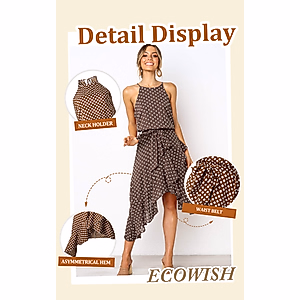 ECOWISH Polka Dot Womens Summer Dress Flowy Cute High Low Sleeveless Boho Criss Cross Halterneck Cocktail Midi Sundress 2025 Coffee Small