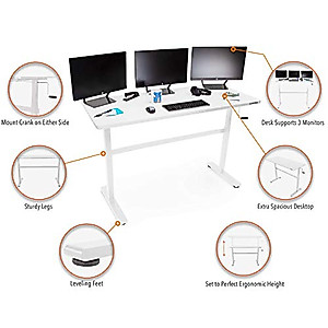 Stand Steady Tranzendesk 55 Inch Standing Desk | Easy Crank Height Adjustable Sit to Stand Workstation | Modern Ergonomic Desk Supports 3 Monitors | Perfect for Home & Office (55"/ White)