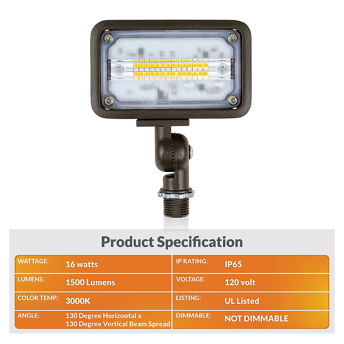 Newhouse Lighting WW15BRZ 16-Watt Outdoor Die-Cast Aluminum LED Wall Wash Flood, Weatherproof Landscape Lighting 1500 Lumens, 3000K Warm White, 120V, 1/2" Knuckle Mount, Bronze