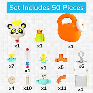 DIY Bath Toys for Toddlers Ages 1-3 and Kids 4-8, STEM Water Toys with Extra Features, 50-Piece Colorful Pipe Bathtub Set with Swiveling Valves, Top Right Toys
