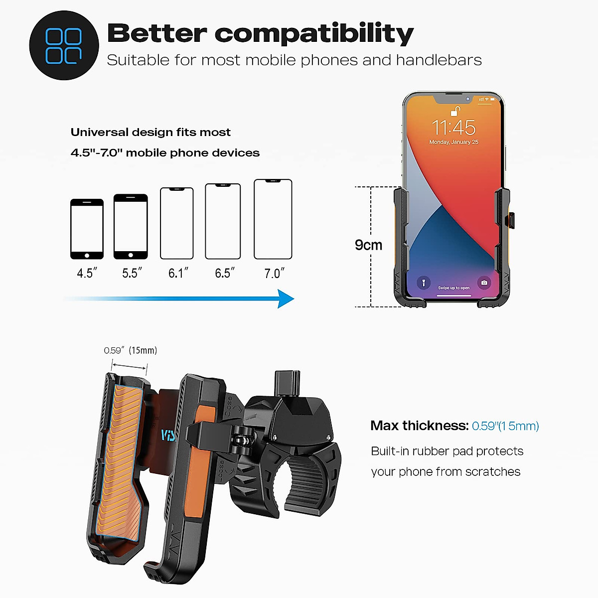 visnfa Upgraded Bike Phone Mount Holder,[1S Quick Release][Camera Friendly] Motorcycle Phone Mount,360°Rotatable,Suitable for Handlebar Diameter 0.866"-1.77" and More 4.5"-7.0" Smartphone