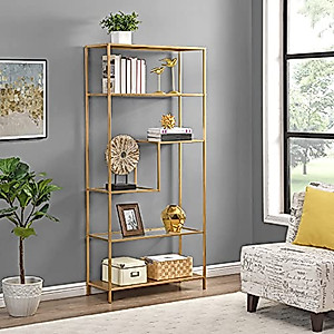 FirsTime & Co. New & Improved Gold Elliot 4-Tier Bookcase, Storage Shelf for Living Room, Bedroom, Bathroom, Kitchen, Home Office, Metal and Glass, Glam, 32.25 x 12 x 68 inches (70469)