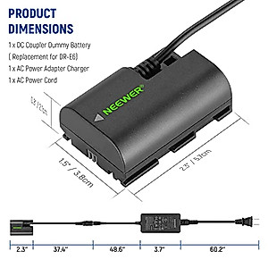 NEEWER Dummy Battery Replacement for LP-E6 LP-E6N LP-E6NH with DC Coupler and AC Power Adapter Compatible with Canon EOS R Ra R3 R5 R5C R6 R6II R7 5D 6D 7D Mark II/III/IV 5DS 5DSR 60D 70D 80D 90D