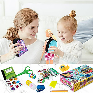 2 Pieces Mini Doll Backpack Toys with 12 Stationery Surprises Inside, Collectible Mini Backpack for Doll with Carabiner, Doll School Supplies Best Gift for Boys and Girls (Styles and Color Vary)