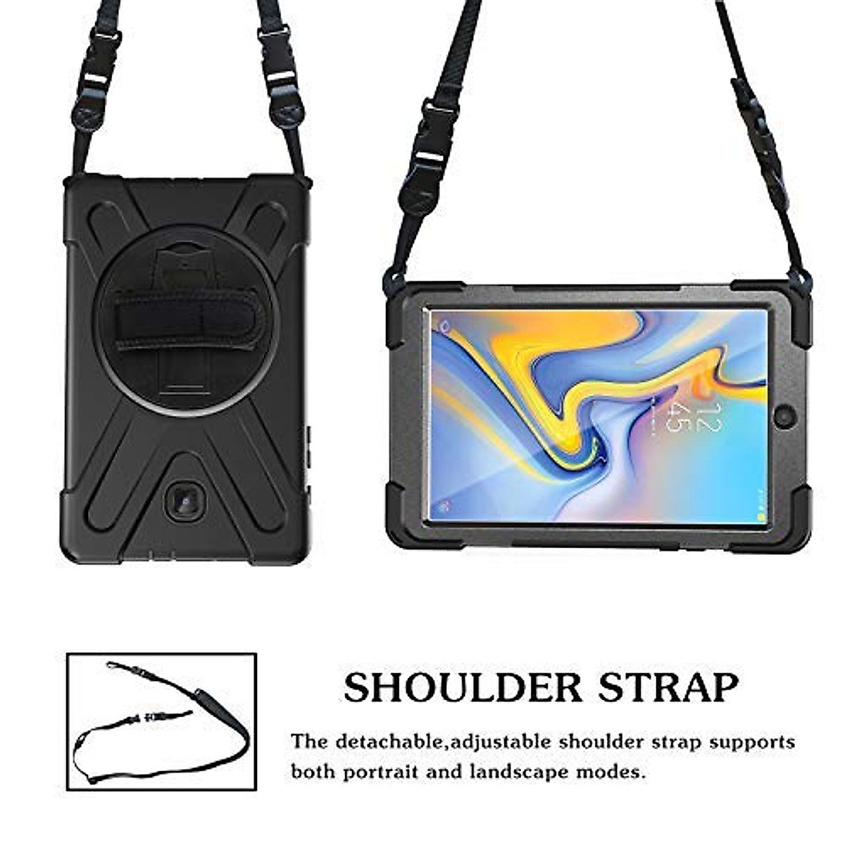 KIQ Shield Series for Samsung Galaxy Tab A 8.0 Case 2018, Shockproof 360 Rotatable W/Kickstand Hand Strap Shoulder Cover for Galaxy Tab SMT387v Tab A Verizon Case 8.0 (Black)