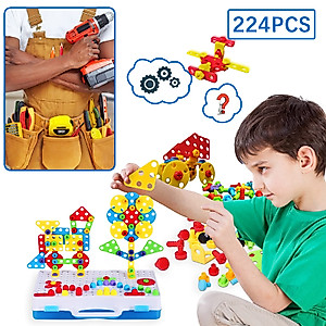 Creativity Tool Box with Drill Screwdriver Toy Set, STEM Building Toys for Kids 3+ Year Old, Creative Building Blocks Pegboard Kits for Boys & Girls 3 4 5 6 7 8 Year Old
