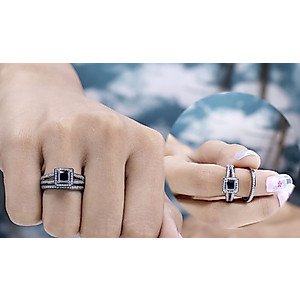 Dazzlingrock Collection 1.35 Carat (Cttw) Princess Black & Round White Diamond Split Shank Halo Wedding Ring Set for Women in Black Plated 14K White Gold, Size 9