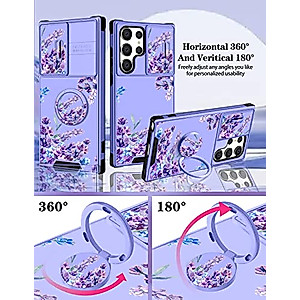 Goocrux (2in1 for Samsung Galaxy S23 Ultra Case Floral Flowers for Women Girls Girly Phone Cover Cute Lavender Flower Design with Slide Camera Cover+Ring Holder Purple Cases for S23 Ultra 5G 6.8''