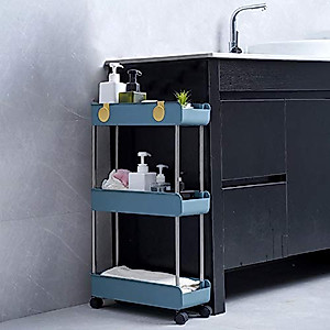 Melody House 3-Tier Slim Mobile Shelving Unit on Wheels, Slide Out Rolling Bathroom Storage Organizer, Utility Carts Shelf Rack for Kitchen Bathroom Laundry Room Narrow Places, Navy Blue
