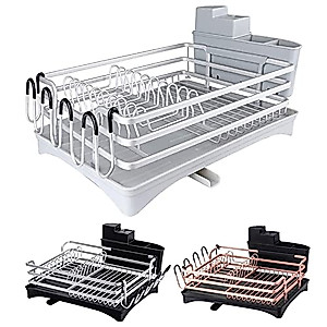 JUNXIAN Dish Rack Cutlery Drying Rack, Compact Cutlery Rack and Drain Plate Set, Cutlery Drain Rack with Adjustable Rotating Spout Dish Containers(C)