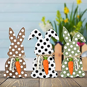 Home Decorations for Home-3 Pcs Spotted Bunny Wooden Sign Decor with Hemp Rope, Rabbit Shape Farmhouse Table Decor for Living Room, Dining Table, Party Desk