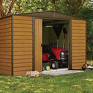 Arrow Shed WR86 Arrow Woodridge Low Gable Steel, Coffee/Woodgrain 8 x 6 ft. Storage Shed & AK600 Earth Anchor Kit, Steel-Stainless