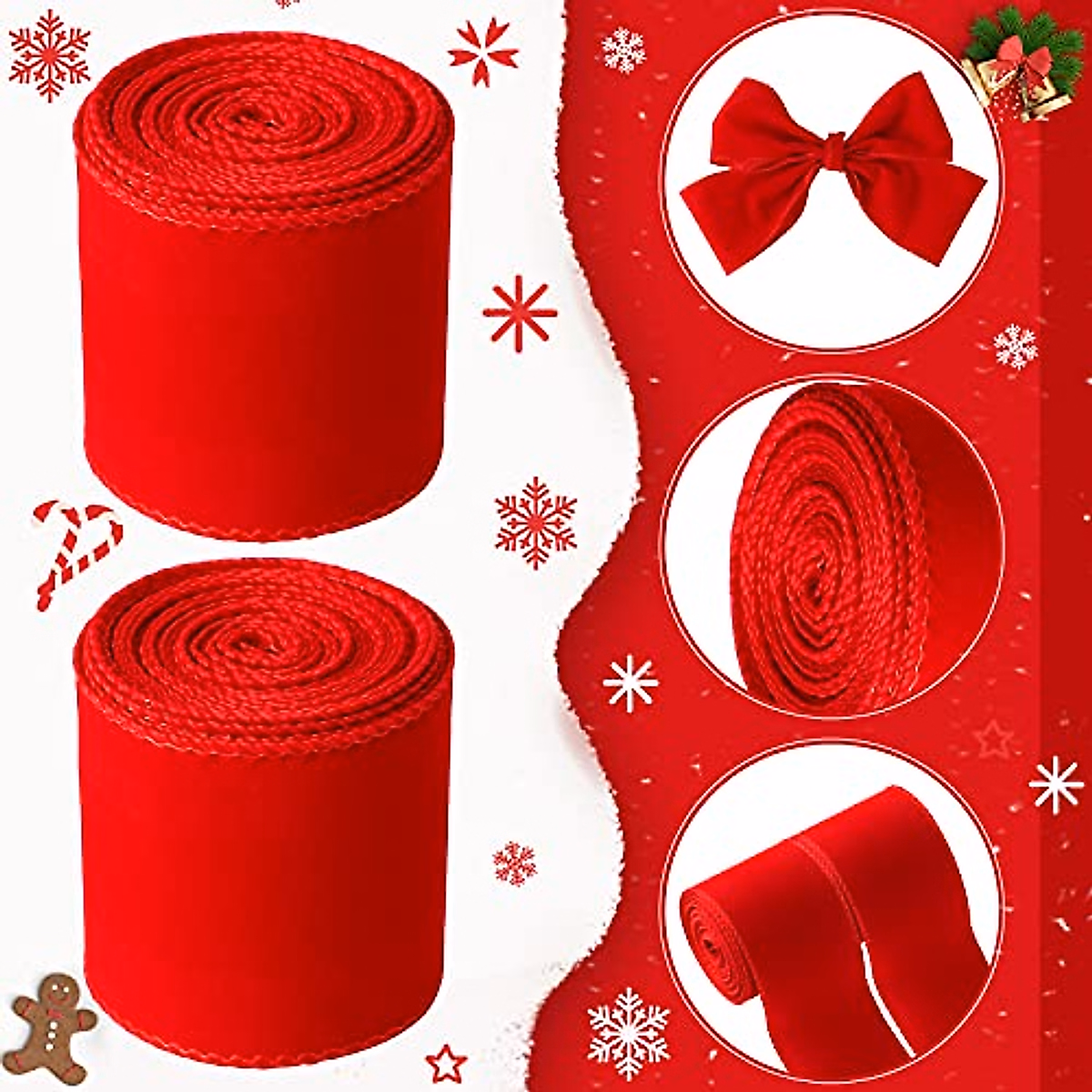 2 Rolls 2.5 Inch 10 Yards Christmas Velvet Ribbon Single Face Christmas Plain Velvet Ribbon for Gift Wrapping Crafts Christmas Wreath Tree Decor (Red)