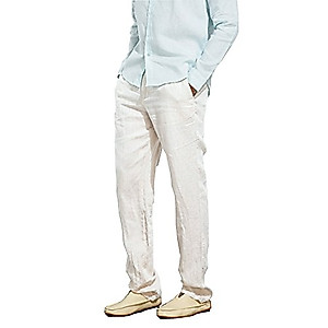 Manwan walk Men’s Casual Beach Trousers Elastic Loose Fit Lightweight Linen Summer Pants K70 (Medium, White)