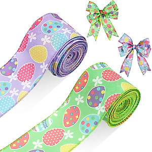2 Rolls Easter Ribbon Easter Eggs Wired Edge Ribbon 2.5 Inch 20 Yards Lavender Easter Fabric Ribbons Green for Easter Wreath Decoration Wrapping Floral Bows