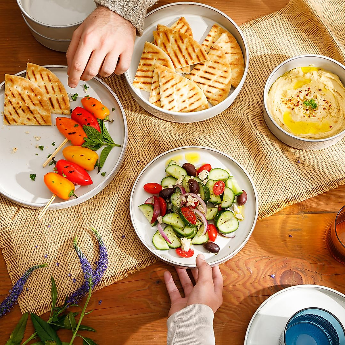 Bloomhouse - Oprah's Favorite Things - Santorini Mist Double Bowl Terracotta Reactive Glaze Plates and Bowls Dinnerware Set - Moonstone White, Service for Four (16pcs)