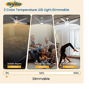 Newday 60" White Ceiling Fans with Light and Remote, Modern, Noiseless Reversible DC Motor, Large Indoor, Kitchen, Bedroom, Living Room