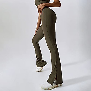 ABOCIW Women Ribbed Seamless Slit Hem Flared Leggings High Waist Bootcut Yoga Pants Tummy Control Workout Bootleg Pants Dark Green Medium