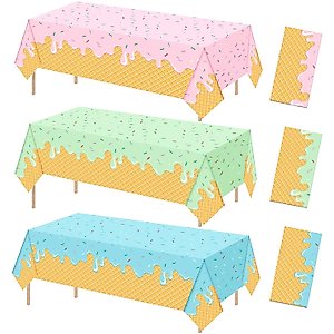 Foxrush Ice Cream Party Decoations 3 Pcs Ice Cream Birthday Party Supplies, Ideal Table Cover for Kids and Girls Birthday, Baby Shower Summer Themed Parties,Pink,Blue and Green Ice Cream Tablecloth