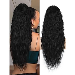 Rosooi 26 Inch Long Black Drawstring Ponytail Extension for Women Synthetic Long Curly Wavy Clip in Ponytail Hair Extensions for Daily Party Use (26 Inch, Black)