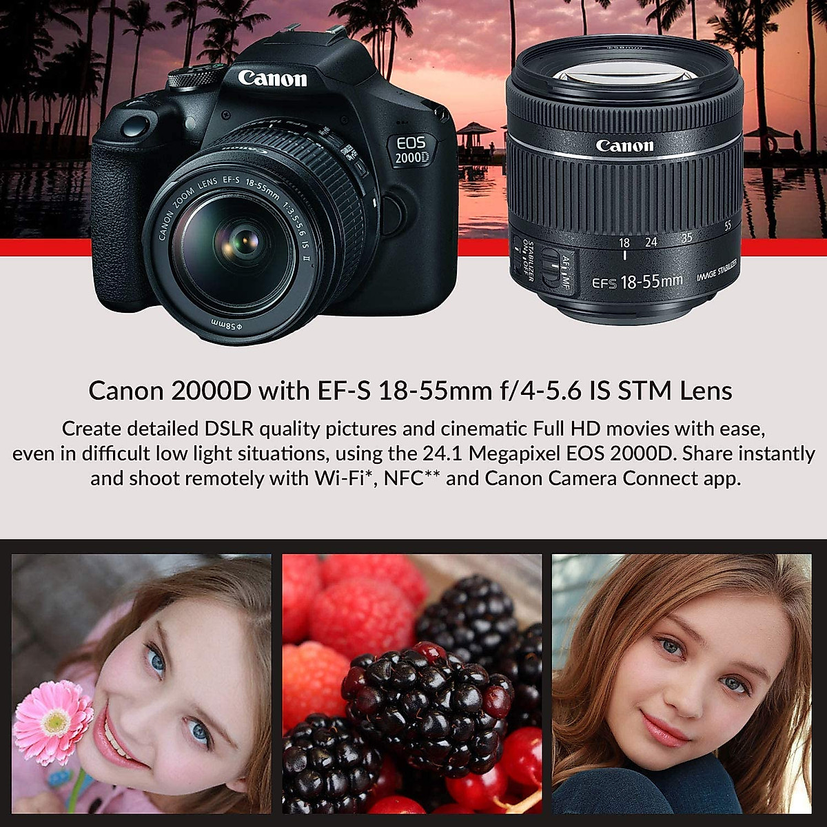 Canon Rebel T7 DSLR Camera (2000D) with EF-S 18-55 mm f/3.5-5.6 Lens + 32GB Memory Card + Camera Bag + Cleaning Kit + Table Tripod + Filters (Renewed)