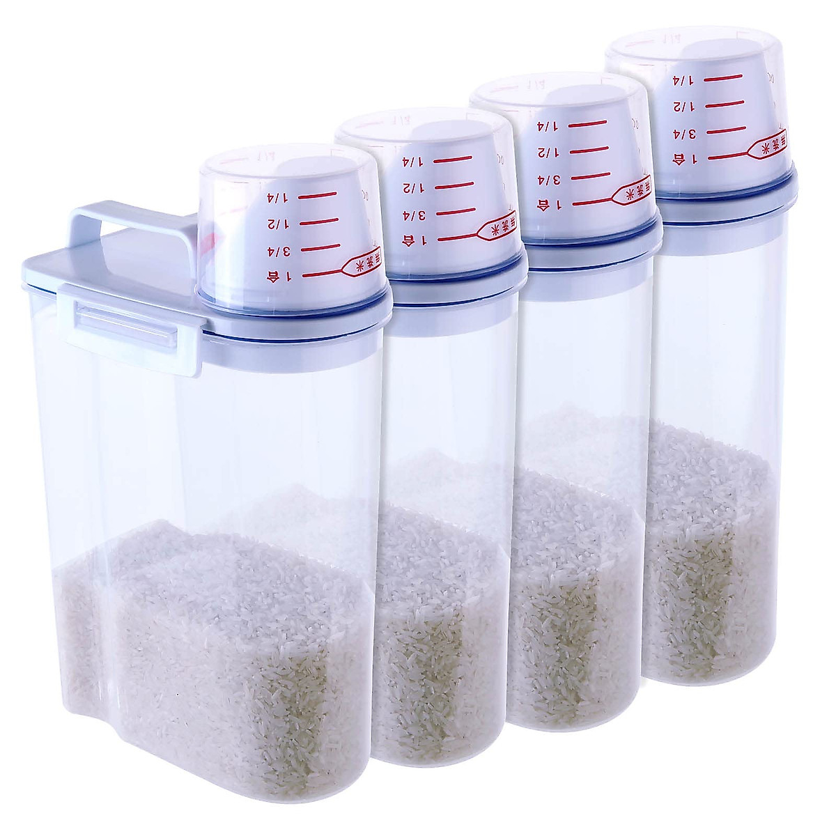 LDHHYH 4 Pack 5.5 LB Rice Storage Containers, Clear Rice Storage Bin with Measuring Cup & Pour Spout, Cereal Containers Dispenser, Kitchen Plastic Rice Holder Saver for Flour Grain Bean