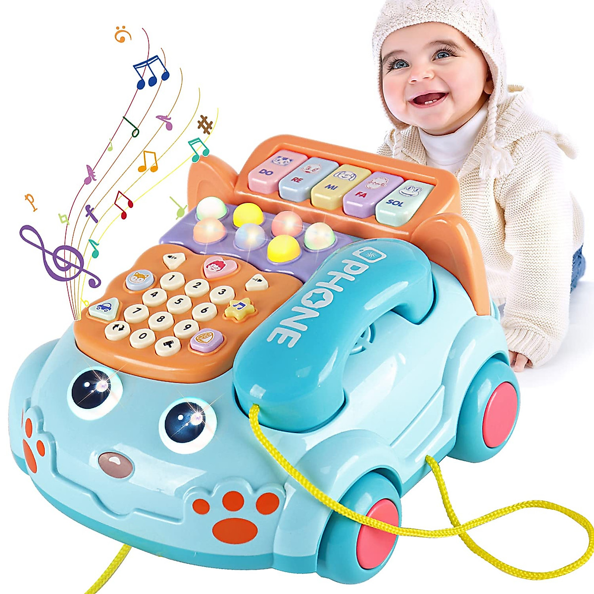Chirldren Telephone Toy Cartoon Simulated Landline Smartphone Drag Function Call Play Piano Early Education Music Learn Hit Hamster Children Enlightenment Brain Toys Creative Gift for Kids Blue