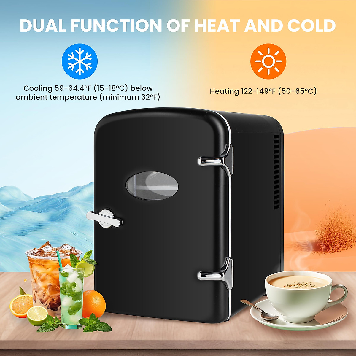 Simple Deluxe 4L Portable Mini Fridge Warmer and Cooler Six 12oz Cans Compact Refrigerator, 100% Freon-Free & Eco Friendly, 4 L, Black