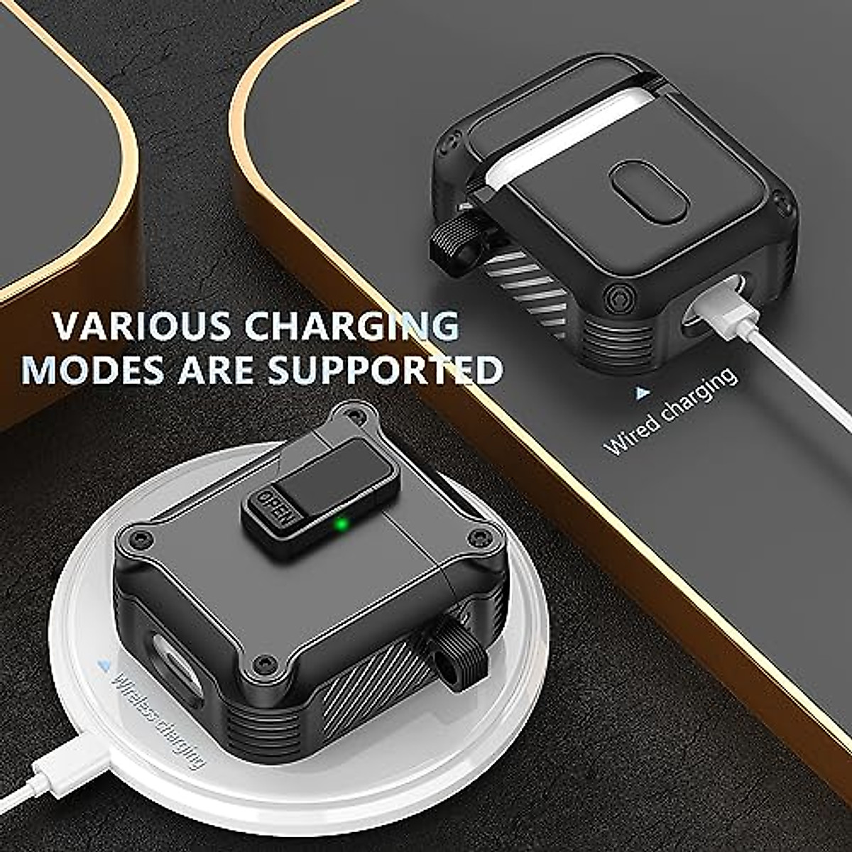 Airpods Case Cover with Cleaner kit,Automatic Snap Switch Design with Secure Lock Clip Protection for Apple Airpods 2nd/1st Generation Charging Case（Black）