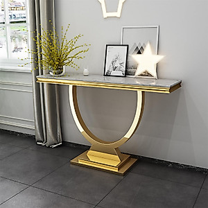 47 Inch Marble Console Table w/Gold U-Shaped Stainless Steel Base Mid-Century Modern Entryway Table for Living Room Hallway Luxury Foyer Table Sofa Table witn High Glossy Finish (White&Gold)