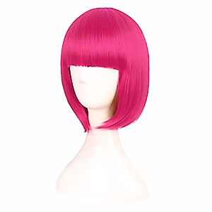 MapofBeauty 12 Inch /30 cm Fashion Lady Short Straight Synthetic Flat Bangs Bob Wig (Hot Pink)