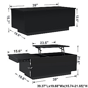 HOMMPA Lift Top LED Coffee Table, Black