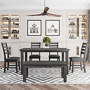 KoiHome 6-Pieces Rustic, Solid Wood Set with Rectangular Table & 4 Chairs and Bench with Cushion for Dining Room, Distressed Finish, Industrial Style, Set of 6 (Gray), Gray2