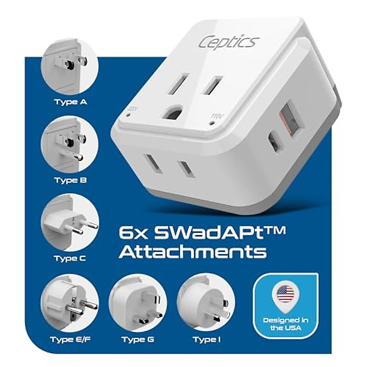 Ceptics World Power Plug Adapter Set, Dual USB & USB-C 3.1A, 20W with QC-PD, 2 USA Outlet Compact & Powerful, Use In Europe, Asia, Australia, Japan, Includes Type A, B, C, E/F, G, I SWadAPt Attachment