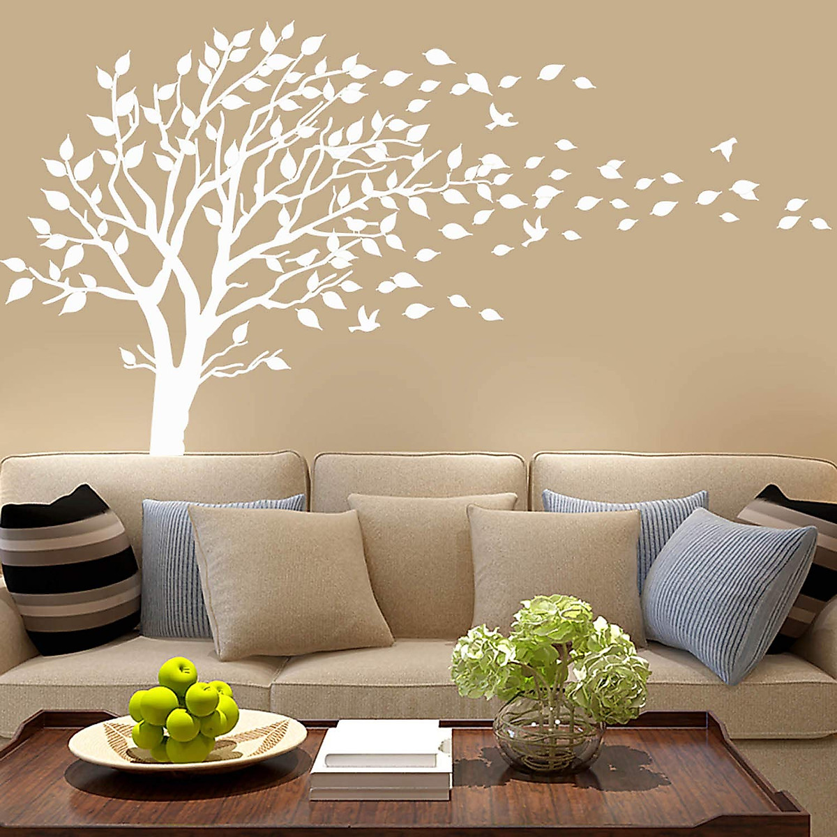 White Tree Wall Decals Leaves Blowing in The Wind Tree Wall Sticker Vinyl Art Kids Rooms Teen Girls Boys Wallpaper Murals Sticker Wall Stickers Nursery Decor Nursery Decals