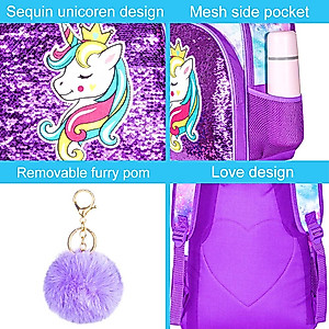 TXHVO 3PCS Unicorn Backpack for Girls, 16" Sequin Kids Bookbag with Lunch Box, School Backpacks for Elementary Preschool Preschool- Purple