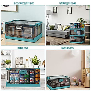 Dollox 2 Pack Plastic Storage Bins with Lids, Stackable, Clear, Plastic Storage Cart Foldable Box with Wheels Storage Box Totes for Home Room Organizer(Blue)