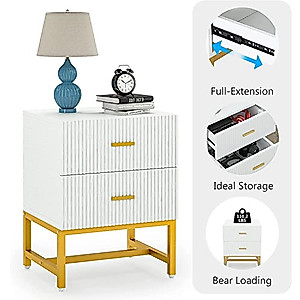 Tribesigns 2-Drawer Nightstand Set of 2, Modern Striped Night Stands Bed Side Table with Storage, White and Gold End Table Wood Metal Side Table for Living Room, Bedroom