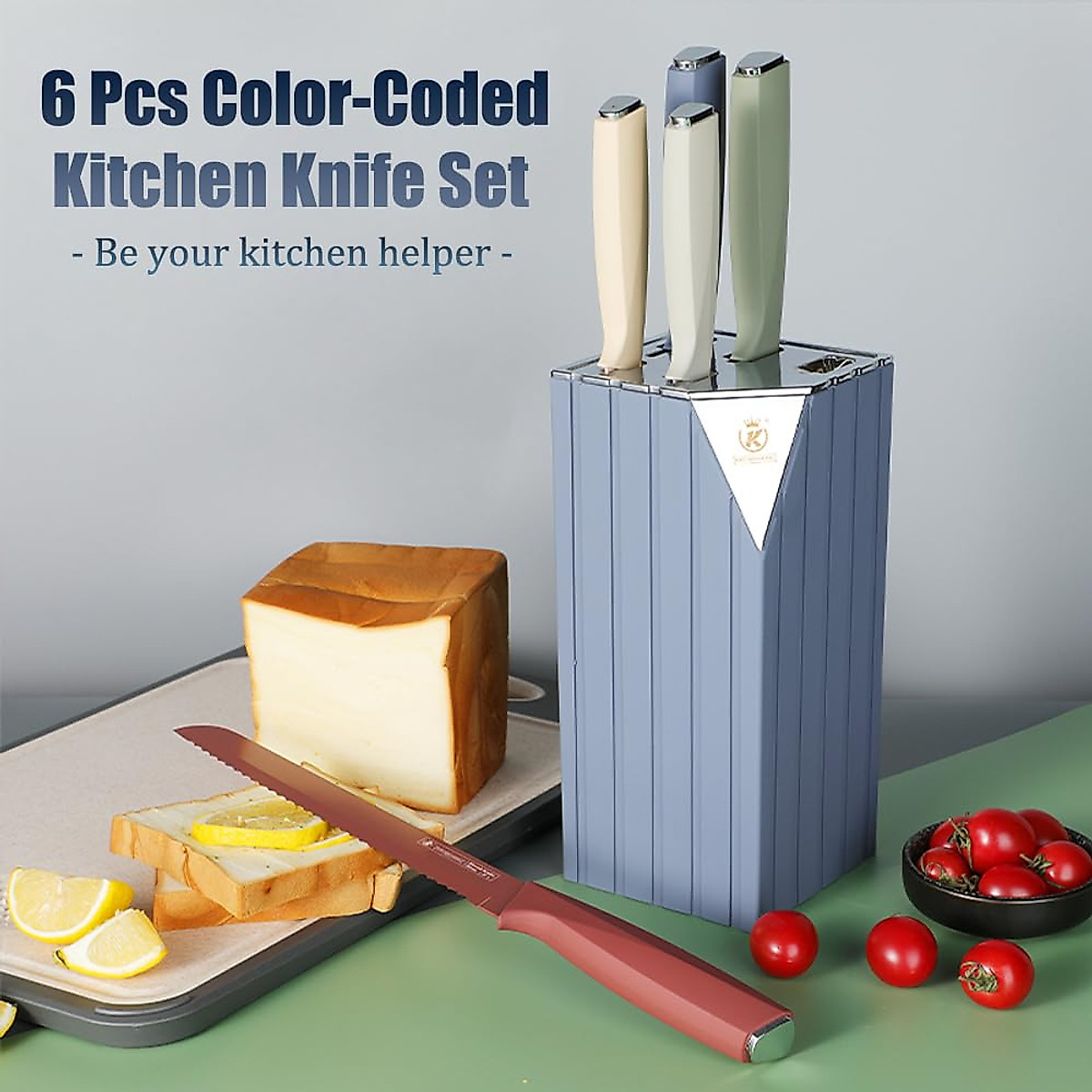 Knife Set, 6 Pcs Color-Coded Kitchen Knife Set with Block, 5 Color Anti-Rust Coating Stainless Steel Chef Knife Set, Super Sharp Kitchen Knives with Stand, Cooking Knives for Kitchen with Gift Box