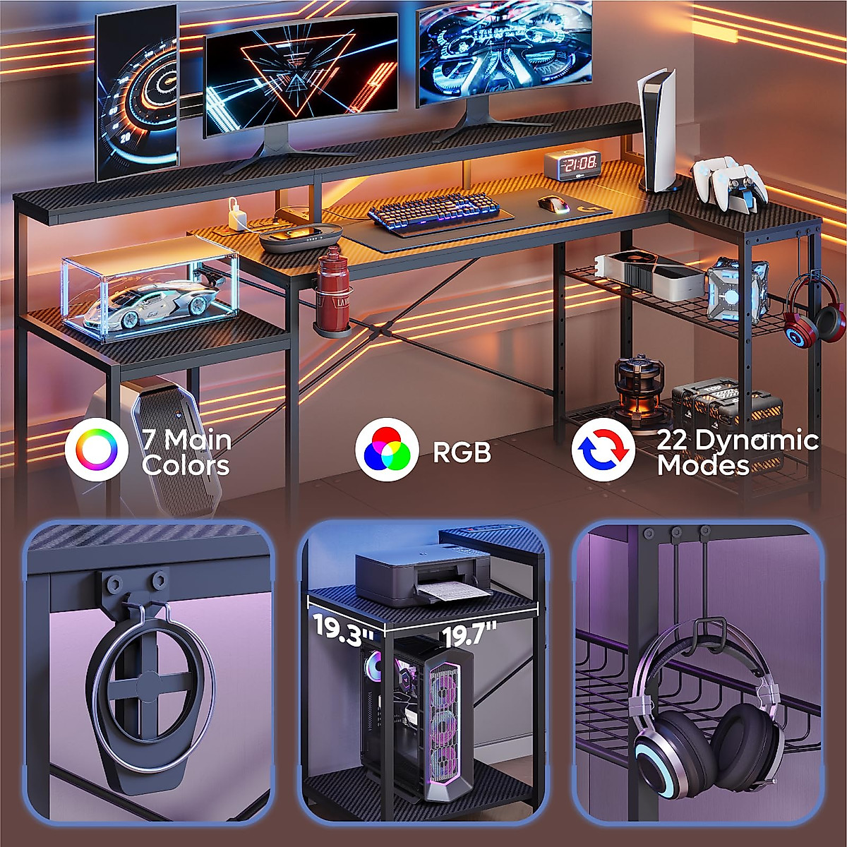 Bestier Gaming Desk with Power Outlet, 71.5 inch LED Computer Desk with Monitor Stand, L Shaped Large Desk with Metal Shelf, Cup Holder & Headset Hooks, Corner Desk for Bedroom 3D Carbon Fiber