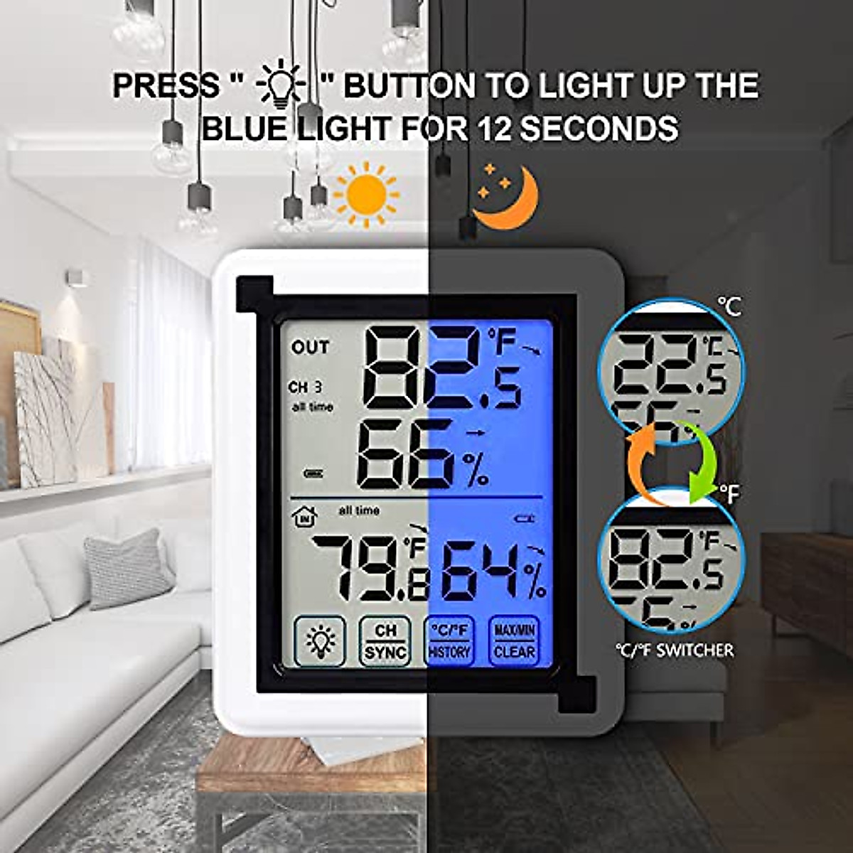 AUING Hygrometer Indoor Outdoor Thermometer Wireless Temperature Gauge Meter and ​Humidity Monitor with Touchscreen and Waterproof Outdoor Temperature Monitor,200ft/60m Range