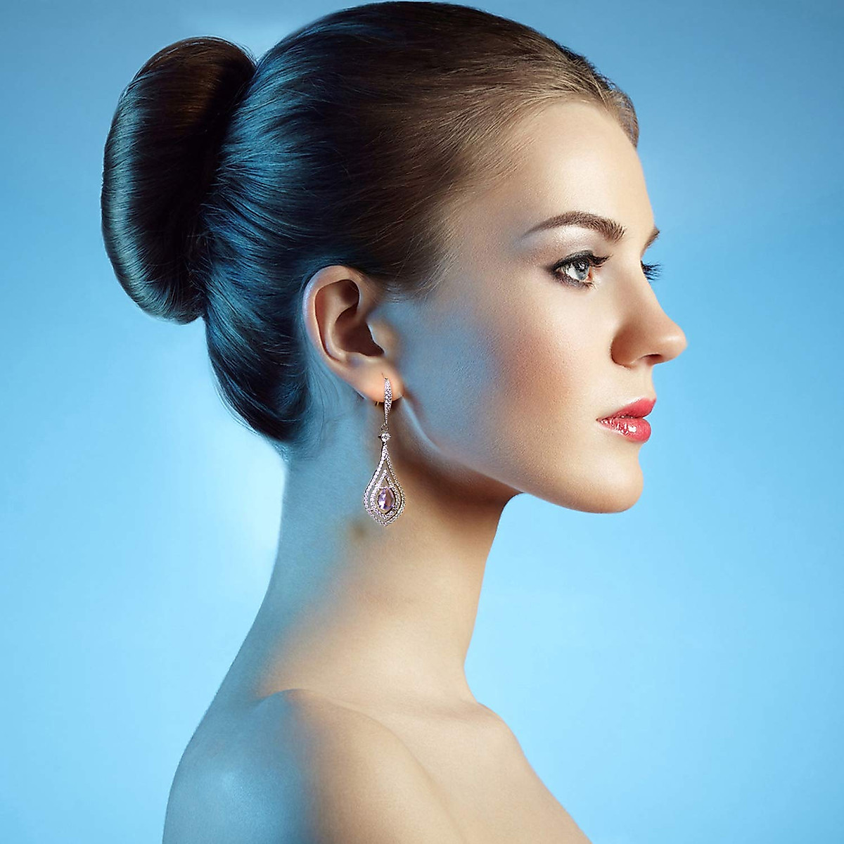 Amethyst Dangle Earrings for Women - Long Silver Teardrop Purple Crystal Cubic Zirconia CZ Chandelier Drop Earrings for Wedding Party Prom Bridal Earring for Bride Bridesmaids Birthstone Jewelry