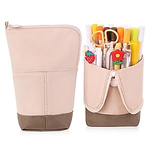 iSuperb Standing Pencil Case Large Pencil Pouch Pen Holder Makeup Cosmetics Bag for Women Office (Beige)