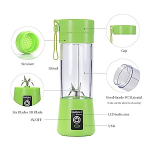 Portable Blender Cup,Electric USB Juicer Blender,Mini Blender Portable Blender For Shakes and Smoothies, Juice,380ml, Six Blades Great for Mixing,Green