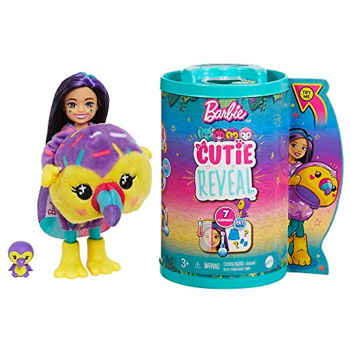 Barbie Cutie Reveal Chelsea Small Doll, Jungle Series Toucan Plush Costume, 7 Surprises Include Mini Pet & Color Change
