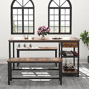 STIKELY Dining Table Set for 4-6 People, 3 Pieces Kitchen Dinner Table Set with 2 Drawers & Long Benches, Dining Room Table with Wine Rack & Glass Holder and Storage Shelf for Home Kitchen Use