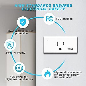 Smart Plug, WGGE WiFi Smart Plug Outlet Compatible with Alexa or Google Assistant, APP Remote Control Anywhere, Timer Function, No Hub Required, 2.4 Ghz Network Only (White / 2 Pieces)