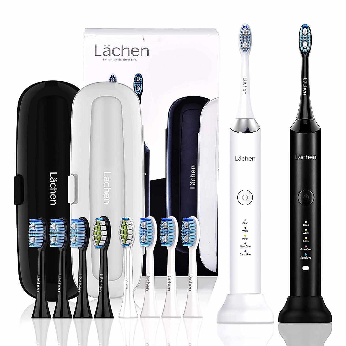 Lächen Electric Toothbrush Double Pack, Sonic Toothbrushes with 10 Brush Heads, 5 Modes, 2 Travel Cases, Smart Timer, 48000VPM, USB Rechargeable Toothbrush for Adults