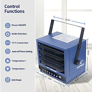 TEMPWARE Electric Garage Heater, 7500-Watt Digital Fan-Forced Ceiling Mount Shop Heater with Full-Function Remote, 240-Volt Hardwired Heater with 12-Hour Timer, Ideal for Workshop