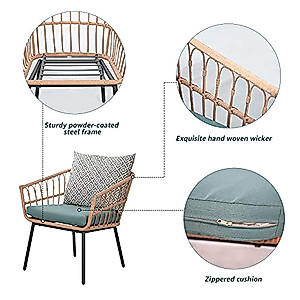 Super Patio 3 Piece Patio Set, Outdoor Furniture Wicker Bistro Set Rattan Chair Conversation Sets with Coffee Table and Cushions, Turquoise/Gray